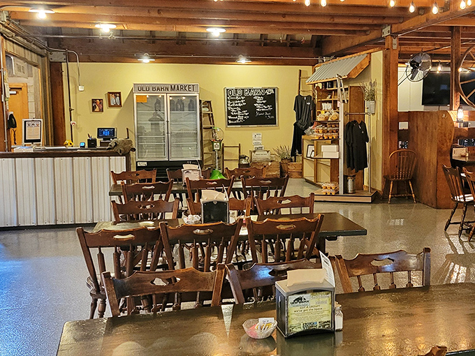 Where wooden tables meet whitewashed walls, creating a dining space that feels like you've been invited to the coolest farmhouse in Ohio.