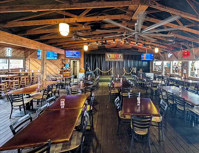 The dining room's exposed beams and weathered wood tell stories that the newest beach resort simply can't &ndash; authenticity you can actually feel.