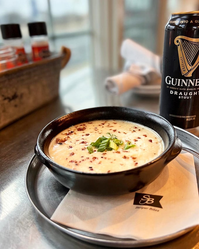 This isn't just potato soup&mdash;it's a warm hug in a bowl, especially when paired with that pint of Guinness standing guard nearby.