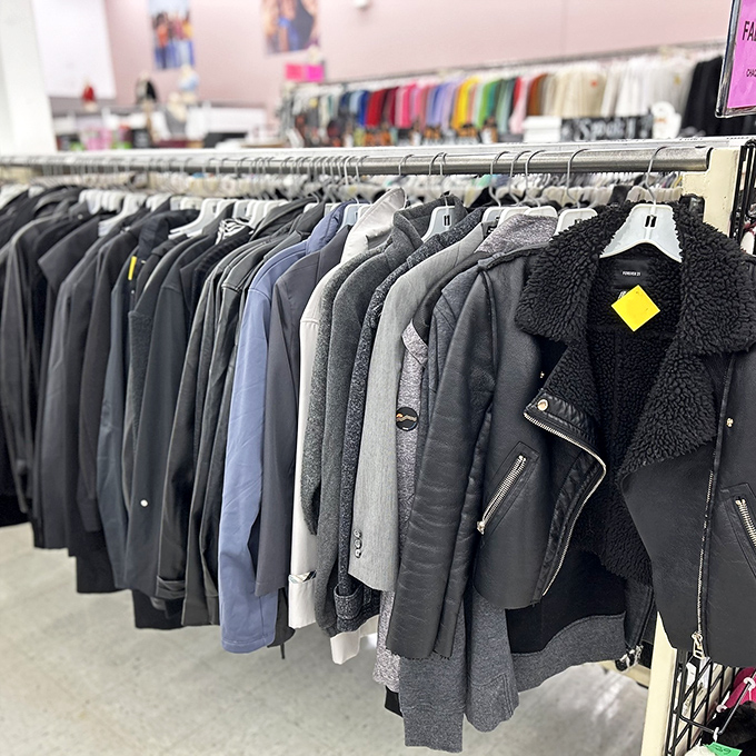 The jacket section &ndash; where leather, denim, and wool tell stories of previous lives while waiting for their next chapter.