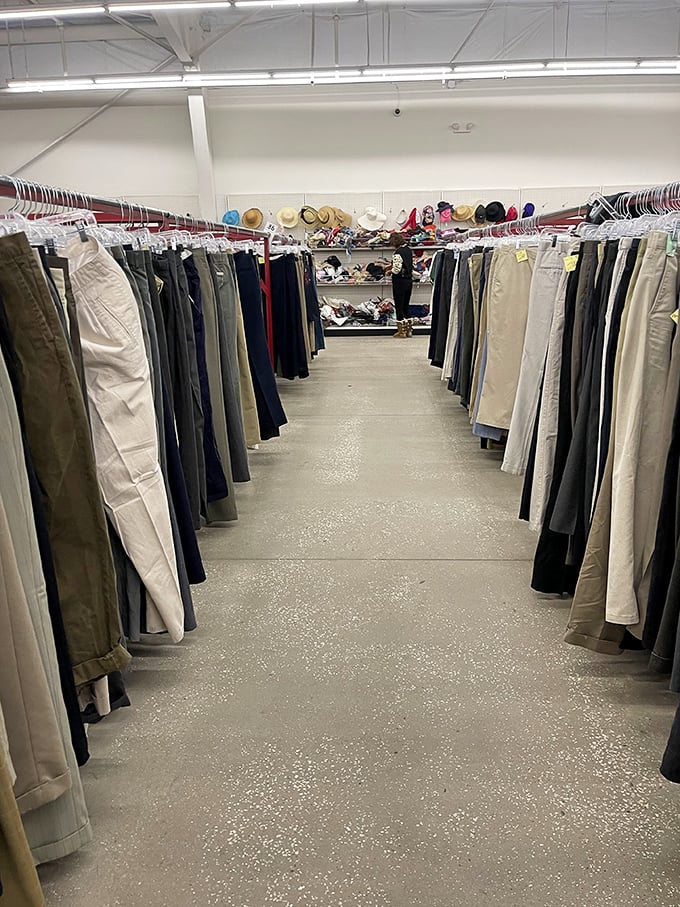The men's pants section: an organized marvel where finding the perfect pair feels like striking gold in the most orderly mine.