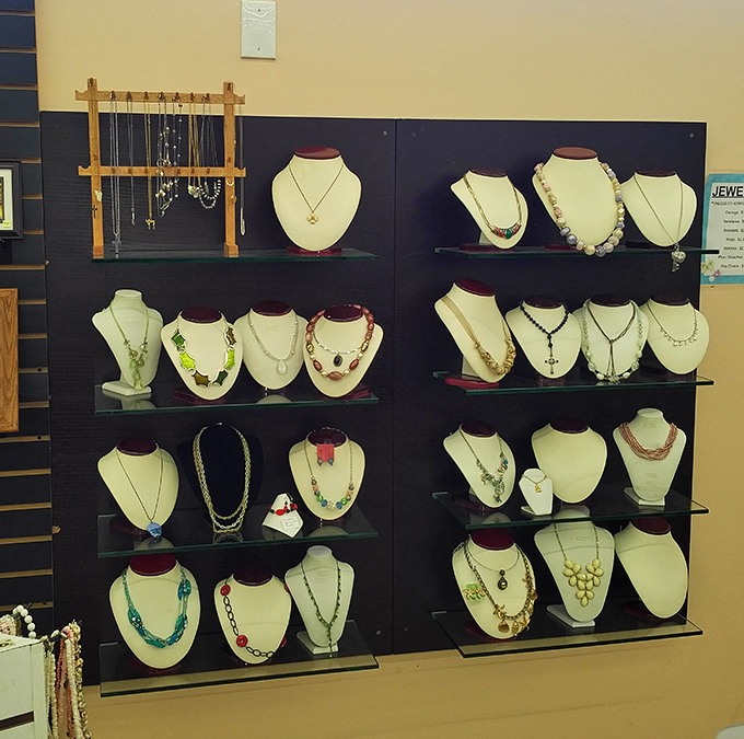 Jewelry displays that would make a museum curator jealous. Yesterday's accessories waiting for tomorrow's outfit, all at garage sale prices.