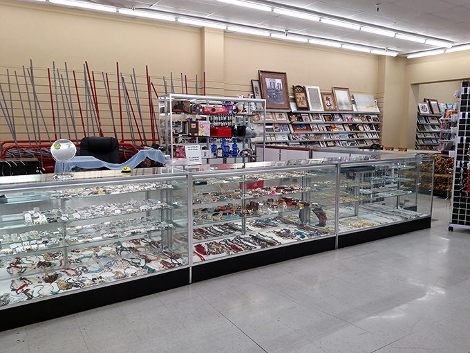 The jewelry counter: where patience rewards the persistent. Hidden between costume pieces might be sterling silver or even gold waiting for eagle eyes.