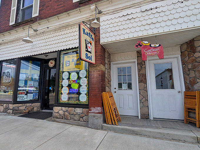 Kafe Sol brings Swedish influence to Main Street, where blue and yellow signage hints at the town's Scandinavian heritage and promises cozy comfort inside.