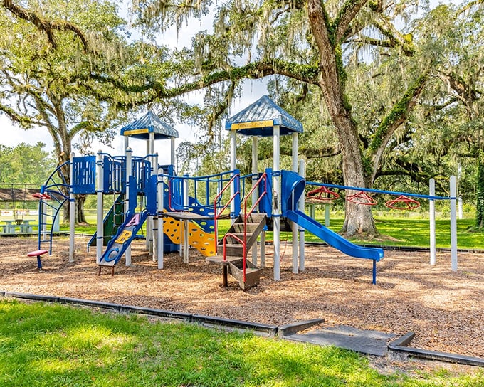 Beneath majestic oaks, this playground invites grandkids to experience childhood the old-fashioned way&mdash;with actual climbing instead of swiping screens.