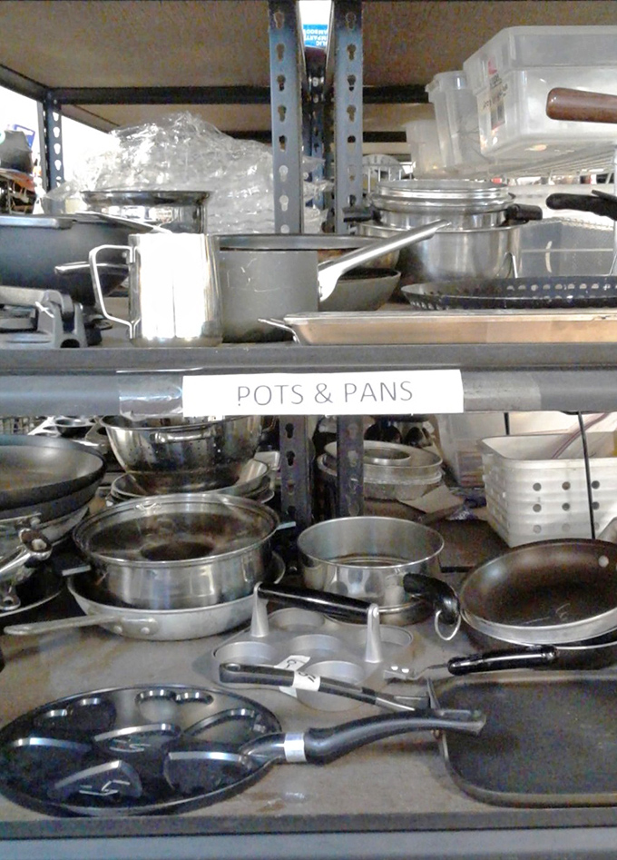 The pot and pan section: culinary tools with experience. These kitchen veterans have helped prepare countless meals and are ready for their next cooking adventure.