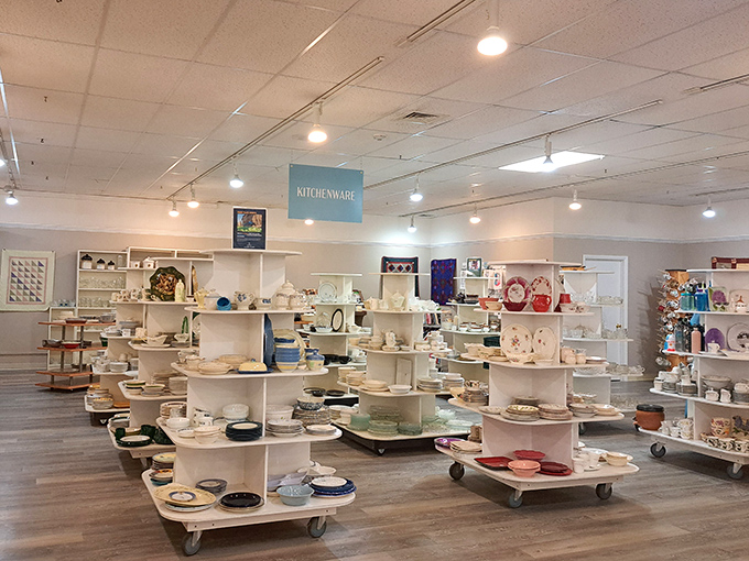 The kitchenware section rolls out inspiration on wheels. Those circular displays are like pottery planets in a thrifty solar system.