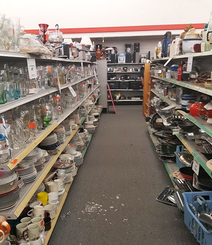 Glassware and dishes mingle peacefully, each piece hoping to complete someone's mismatched but beloved collection.