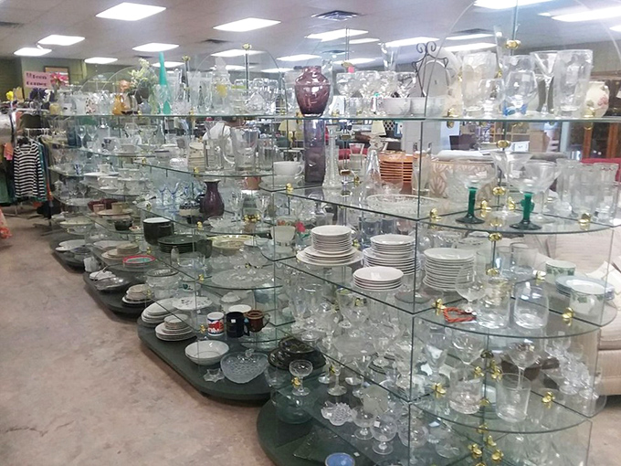 Glass shelves gleaming with possibilities &ndash; from everyday tumblers to crystal that would make your grandmother proud.