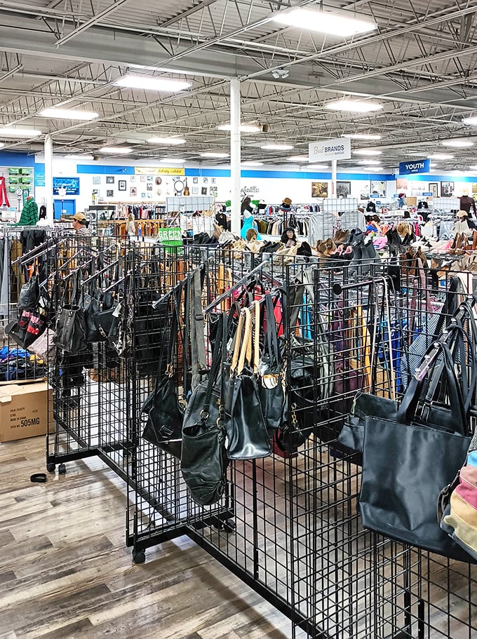 The handbag section resembles a leather and vinyl forest, where designer labels hide among everyday brands like truffles in woodland soil.