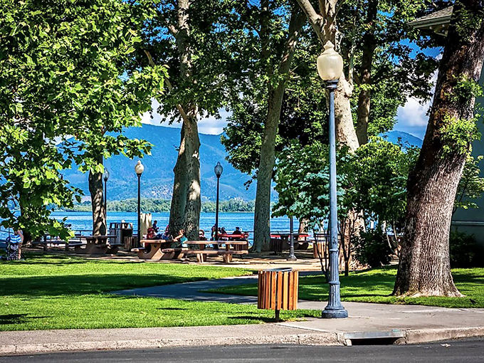Library Park's shaded picnic tables invite you to linger longer than planned. The lake views are complimentary with every sandwich.