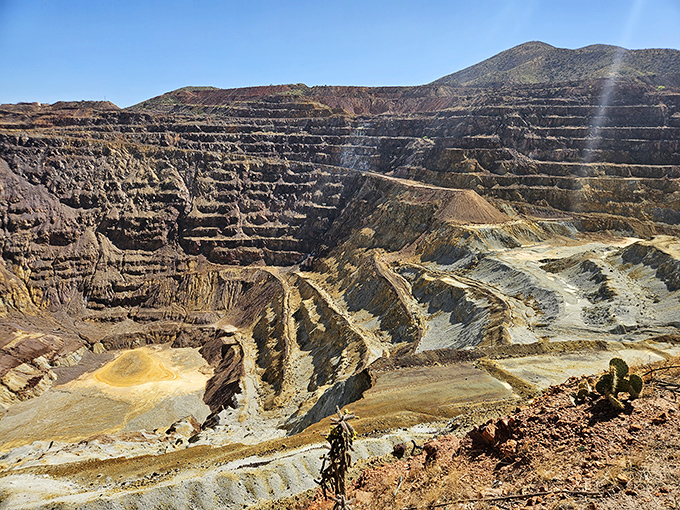 The Lavender Pit isn't actually lavender, but this massive open-pit mine showcases nature's mineral palette. Mother Earth's geological wardrobe, exposed by human determination and industrial might. 