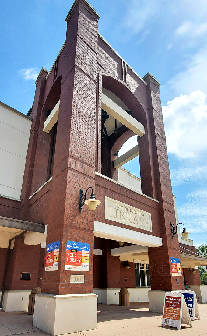 The Leesburg Library's distinctive brick tower stands as a monument to knowledge, proving that architectural ambition isn't reserved for big cities.