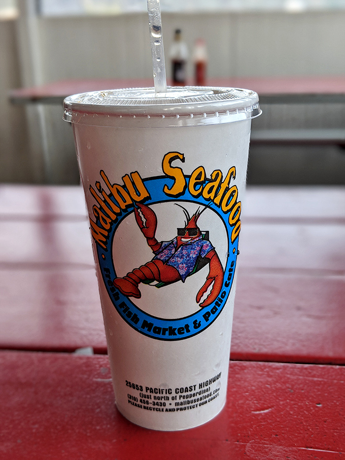 Their signature cup featuring the lobster mascot in his Hawaiian best. Even the drinks here come with a side of coastal personality.