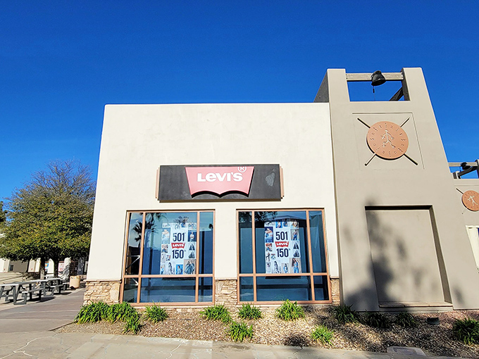 Another angle of the iconic Levi's store, where 501s reign supreme. The windows proudly display denim royalty that has clothed generations of Americans.