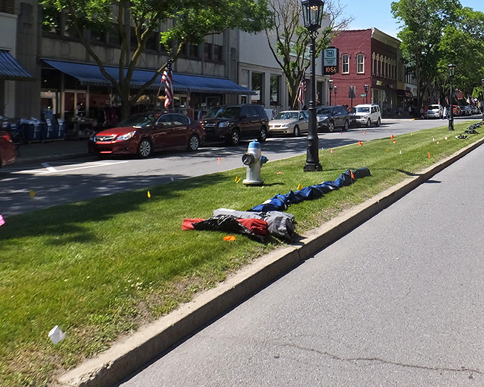 Main Street during festival season transforms into a community celebration, where flags and decorations signal small-town pride.