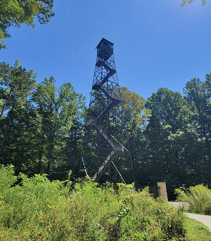 Vertigo with a view. The fire tower challenges your fear of heights while rewarding brave climbers with panoramic vistas of Indiana's rolling countryside.