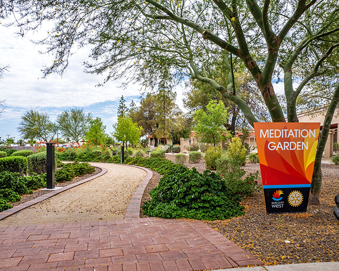 The Meditation Garden offers a tranquil escape. Even the sign seems to radiate calm energy, inviting residents to pause and breathe deeply.