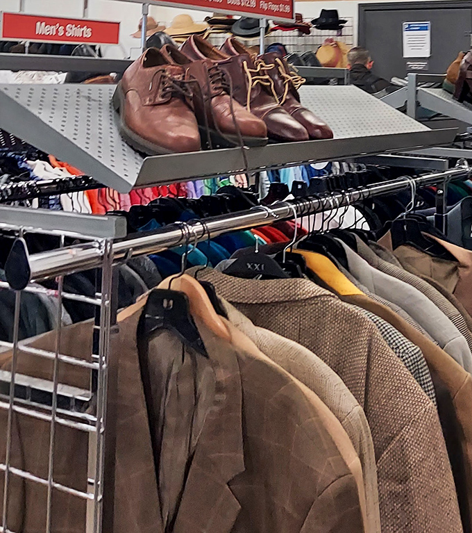 Men's fashion without the markup. Those leather oxfords could go straight from this rack to a corner office or artisanal coffee shop.