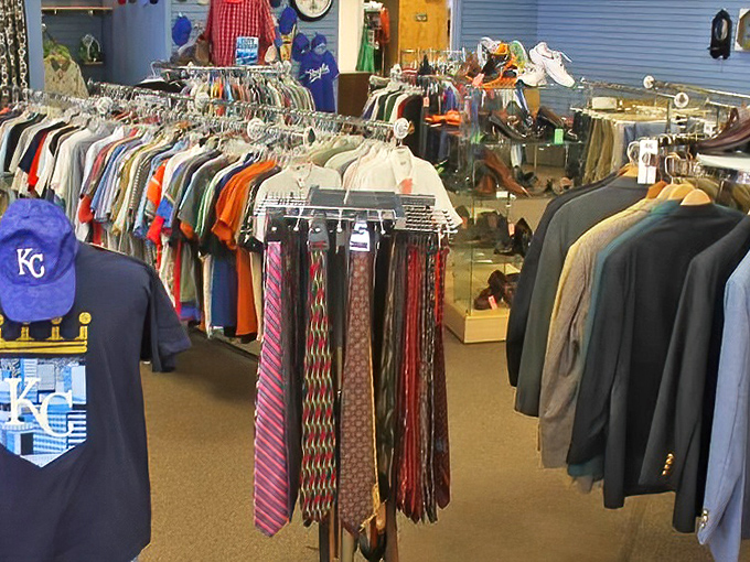 The necktie display alone could outfit every father, grandfather, and reluctant prom date in the county. That KC cap is calling all local sports fans.