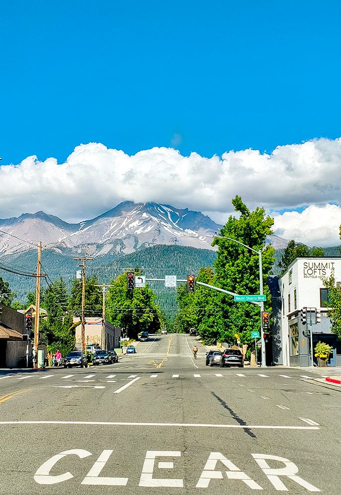 Mount Shasta commands attention at the end of the street &ndash; nature's skyscraper making human architecture look appropriately humble by comparison.