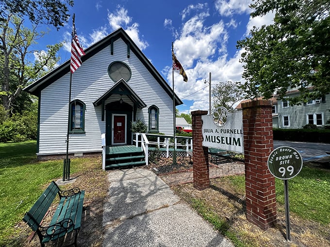 The Julia A. Purnell Museum, housed in this quaint white building, celebrates a woman who began her embroidery career at 85&mdash;proof it's never too late.