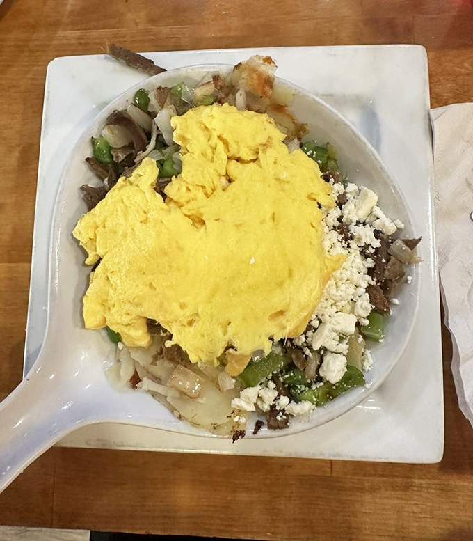 A skillet that's a beautiful mess of potatoes, eggs, and veggies &ndash; the breakfast equivalent of hitting the jackpot at a Vegas casino.