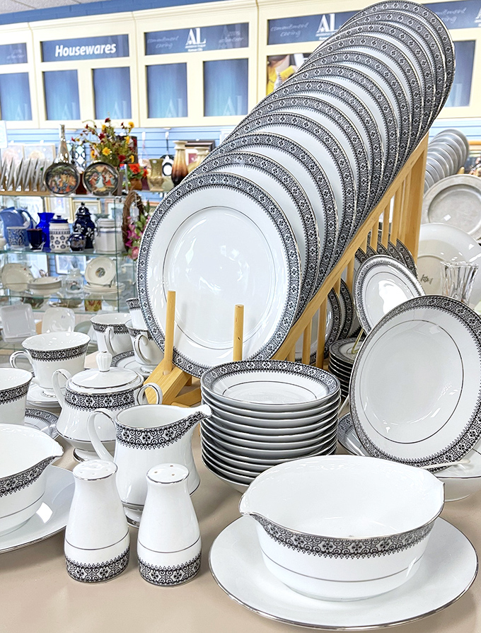 Elegant enough for Downtown Abbey, affordable enough for downtown Gladstone&mdash;this matching dinnerware set awaits its next dinner party.