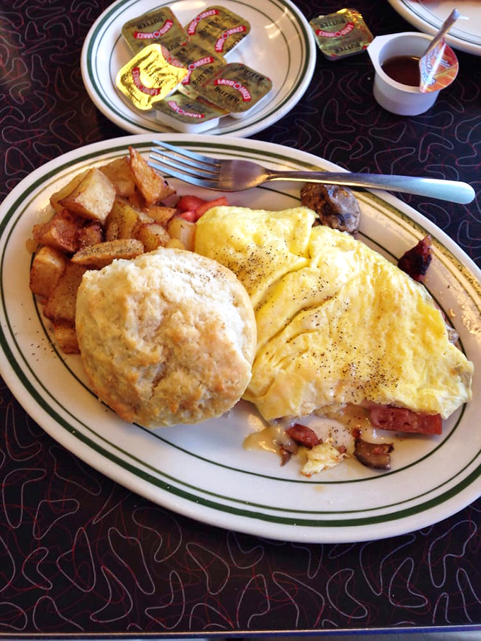 Breakfast perfection: a fluffy omelet, crispy home fries, and a biscuit so tall it needs its own zip code. Morning fuel that keeps Lafayette running.