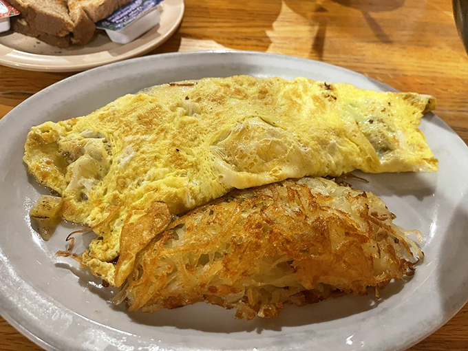 This isn't just an omelet—it's a golden pillow of morning joy. Paired with that crispy hash brown, it's breakfast's perfect power couple.