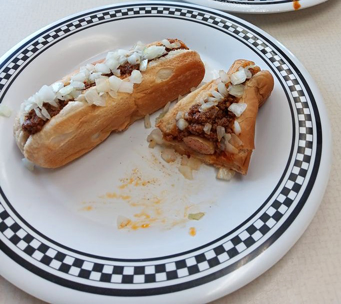 The original coney in its natural habitat&mdash;simple, unadorned perfection with just the right ratio of chili, onions, and hot dog.