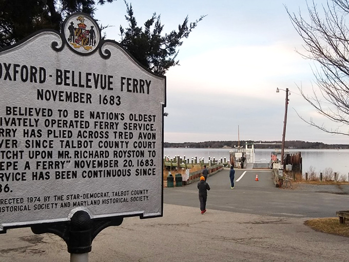 The historic Oxford-Bellevue Ferry sign reminds us that some things worked perfectly fine before smartphones, including this water taxi service operating since 1683.