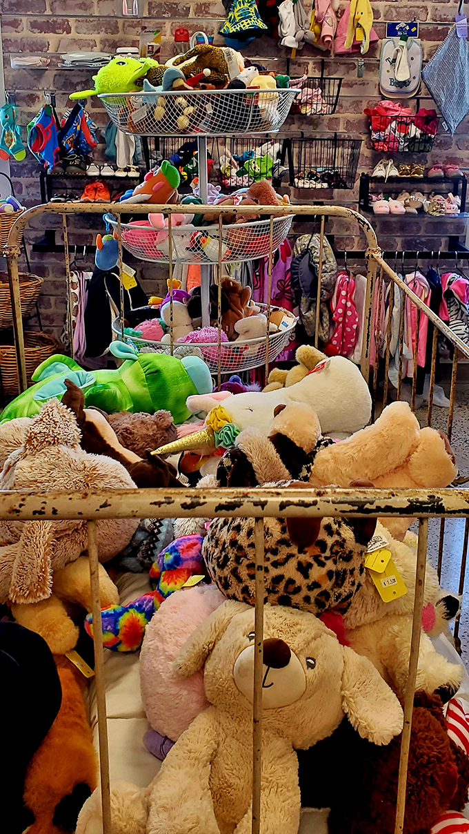 The stuffed animal section—where abandoned teddy bears find new homes and children's faces light up brighter than Times Square on New Year's Eve.