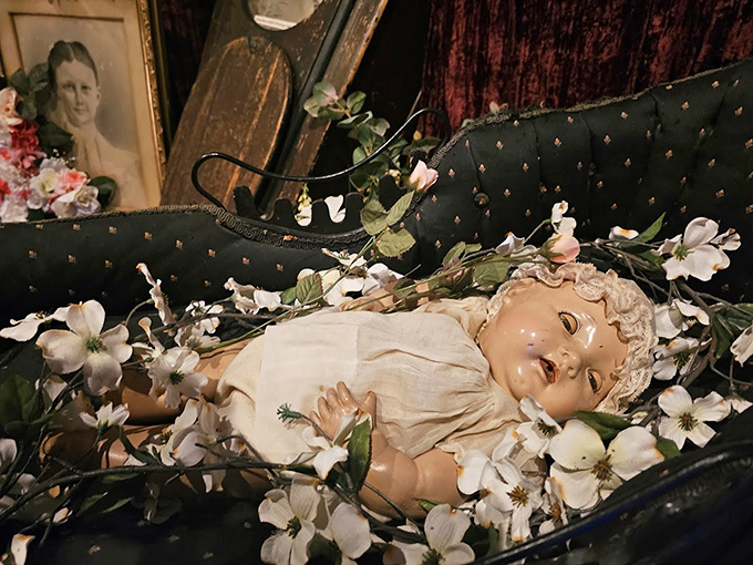 This porcelain doll's eternal slumber among dogwood blossoms creates a Victorian memento mori that's simultaneously beautiful and the stuff of midnight horror movie marathons.