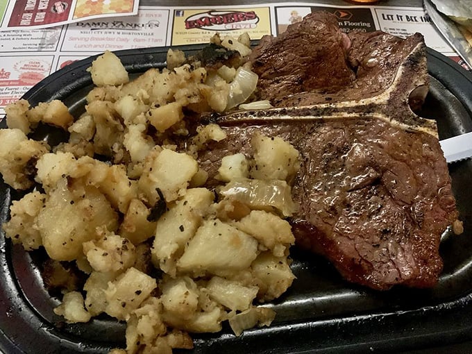 A T-bone and potatoes plate that would make Ron Swanson weep with joy. Simple, unpretentious, and exactly what you want after a long day.