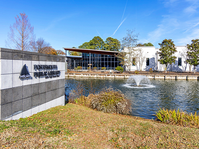 Portsmouth's Public Library offers more than books—it's a community gathering space with thoughtful design elements including this serene water feature.