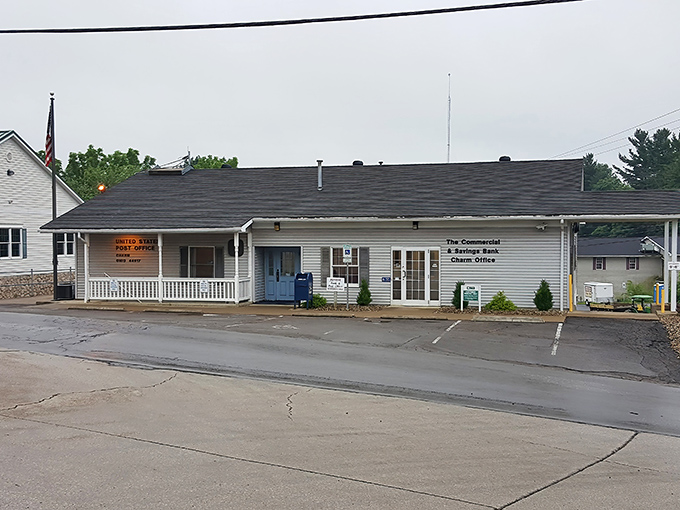 The post office and bank share this modest building, proving that in Charm, even essential services don't need to make a big fuss about themselves.