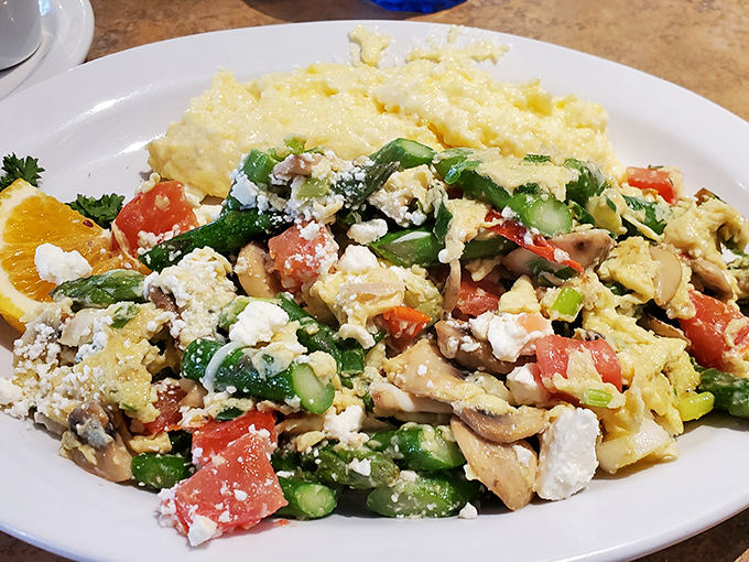 This isn't just an omelet&mdash;it's an edible art piece where every colorful ingredient plays its part in the flavor symphony.