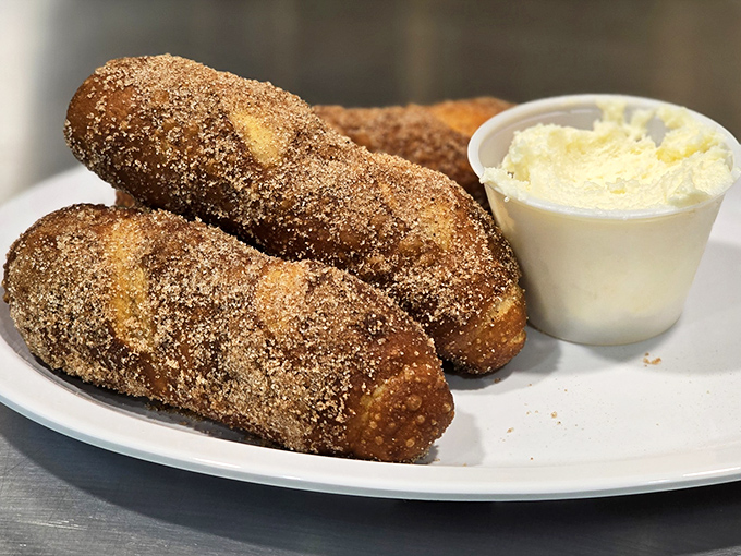 Cinnamon-sugar pretzels that make you question why you saved room for dessert instead of ordering more brisket.