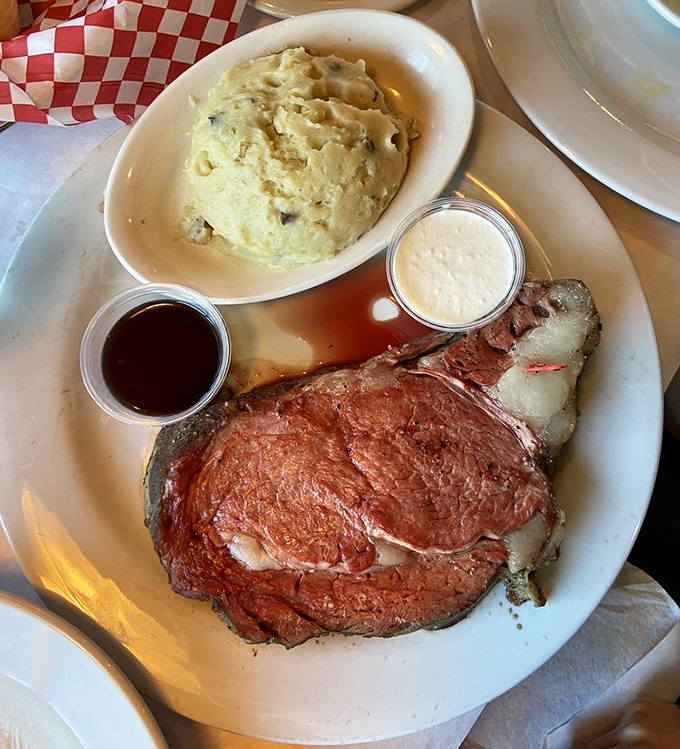 Prime rib so perfectly cooked it makes you wonder if the chef has some sort of bovine telepathy. The mashed potatoes aren't bad company either.