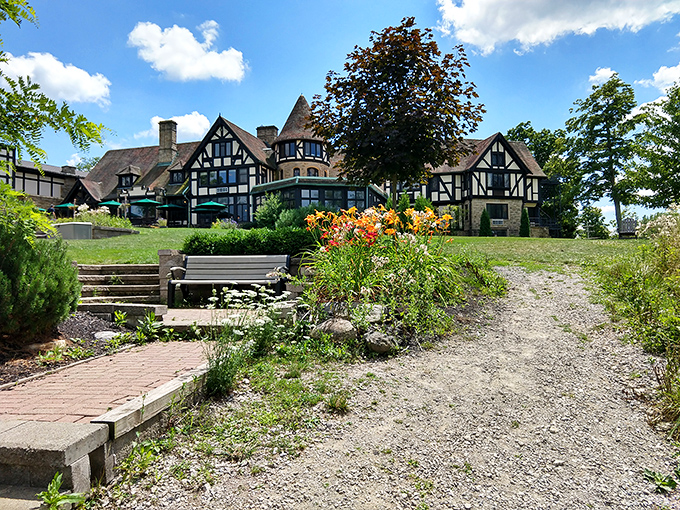 Punderson Manor stands like a slice of English countryside that somehow landed in Ohio, Tudor-style architecture against an American sky.