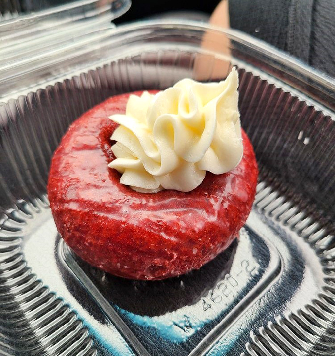 Red velvet donut with cream cheese frosting &ndash; proving that formal wear looks good on donuts too.