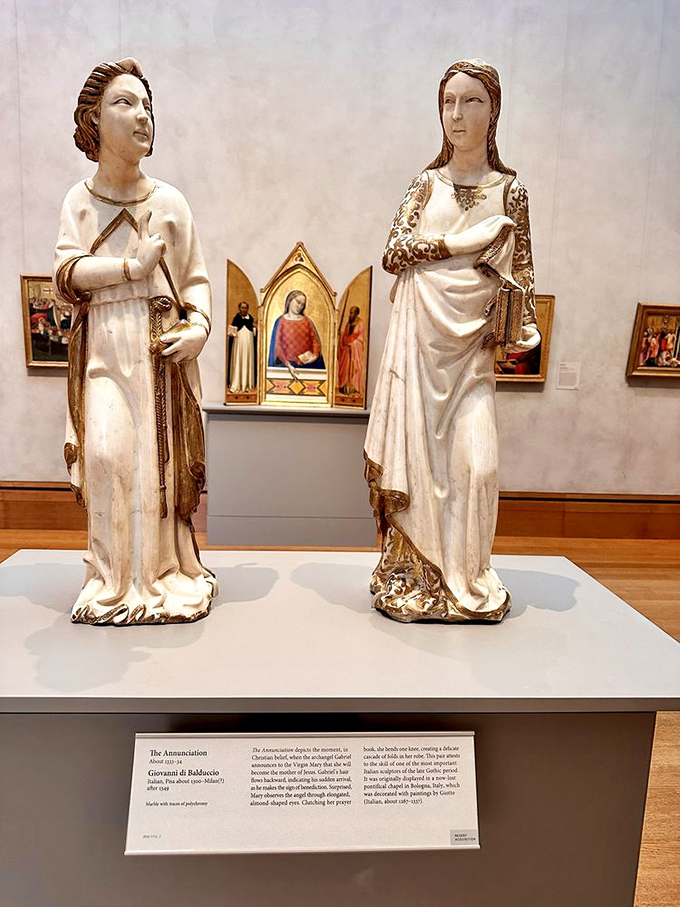 These medieval religious figures stand in silent conversation, having witnessed centuries of human drama with the same serene expressions.