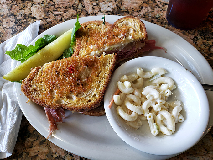 A grilled sandwich and macaroni salad &ndash; proof that lunch can be both a noun and a verb. "I'm going to lunch the heck out of this."