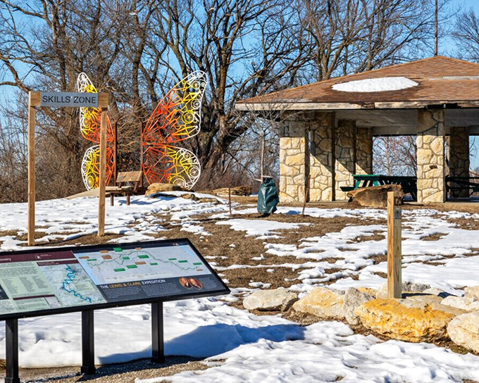 Butterfly sculptures add whimsy to Riverfront Bluff Trails Park, where interpretive signs invite visitors to pause and learn between scenic overlooks.