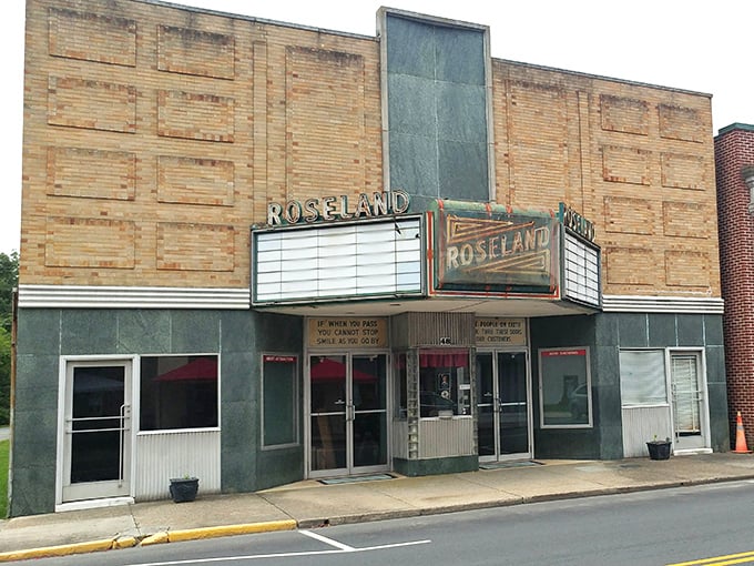 The Roseland Theatre's vintage marquee stands as a cinematic time capsule, waiting patiently for the next feature to light up Onancock nights.