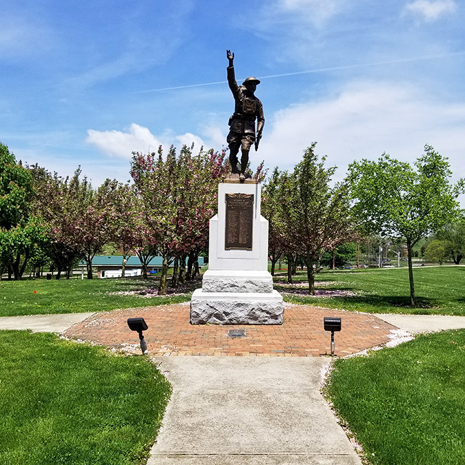 This memorial stands as a dignified tribute to local veterans, surrounded by flowering trees that bloom regardless of economic forecasts.