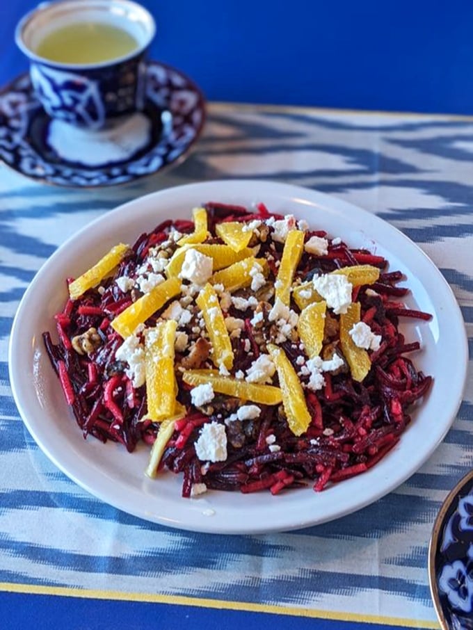 A vibrant beet salad that pops with color and tang, topped with feta and orange. Even vegetable skeptics might be converted!