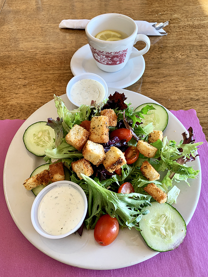A salad that doesn't apologize for being healthy. Those croutons are the life of the party, mingling with vegetables like social butterflies.