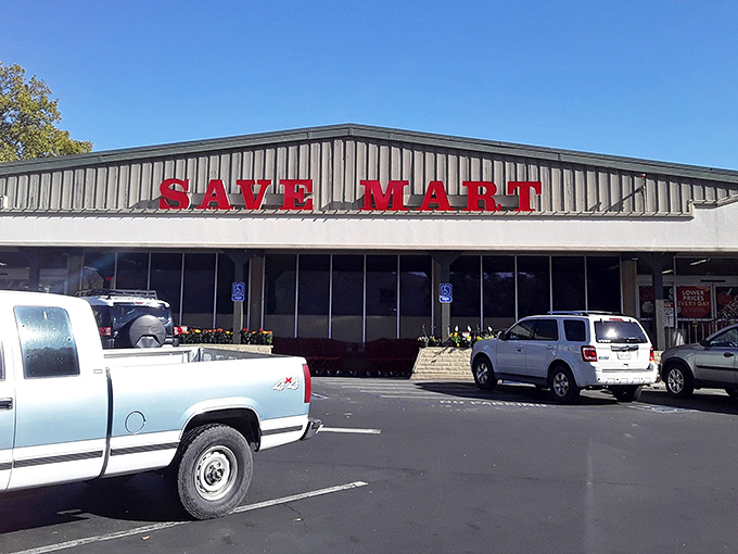 Even the Save Mart supermarket got the memo about small-town charm, skipping the warehouse aesthetic for something that actually fits the neighborhood.